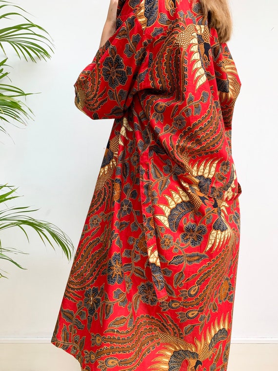Red Cotton Kimono Robe Jacket Batik Oriental Dressing Gown | Etsy