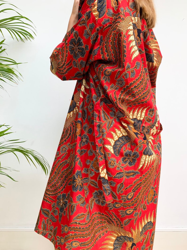 Red Cotton Kimono Robe Jacket Batik Oriental Dressing Gown | Etsy