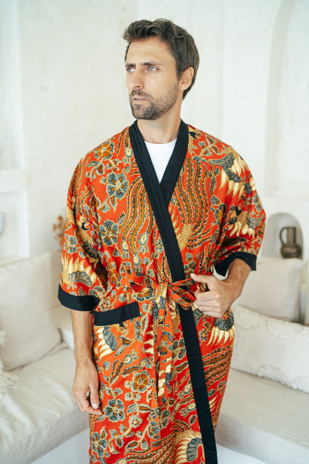 Men's Cotton Batik Robe in Red, Kimono Robe Jacket, Bali Dressing Gown ...
