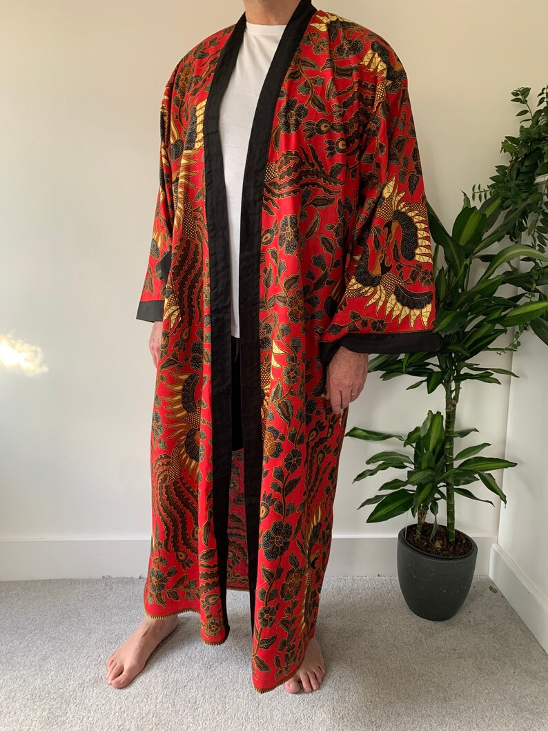 Red Cotton Batik Kimono Robe Jacket Dressing Gown Mens | Etsy