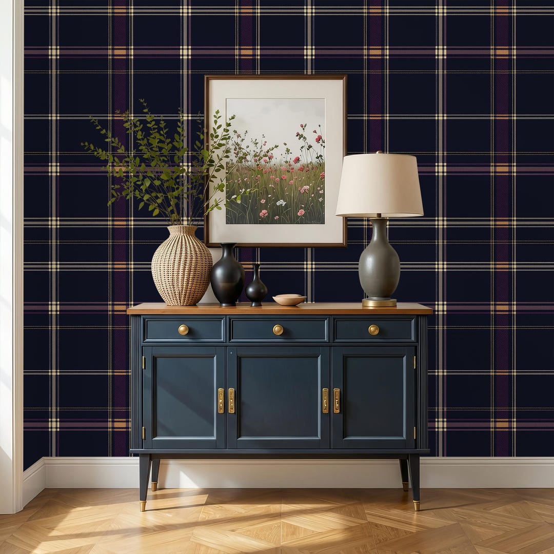 Dark Tartan Plaid Wallpaper: Luxury Navy Plaid Wallcovering, Classic ...