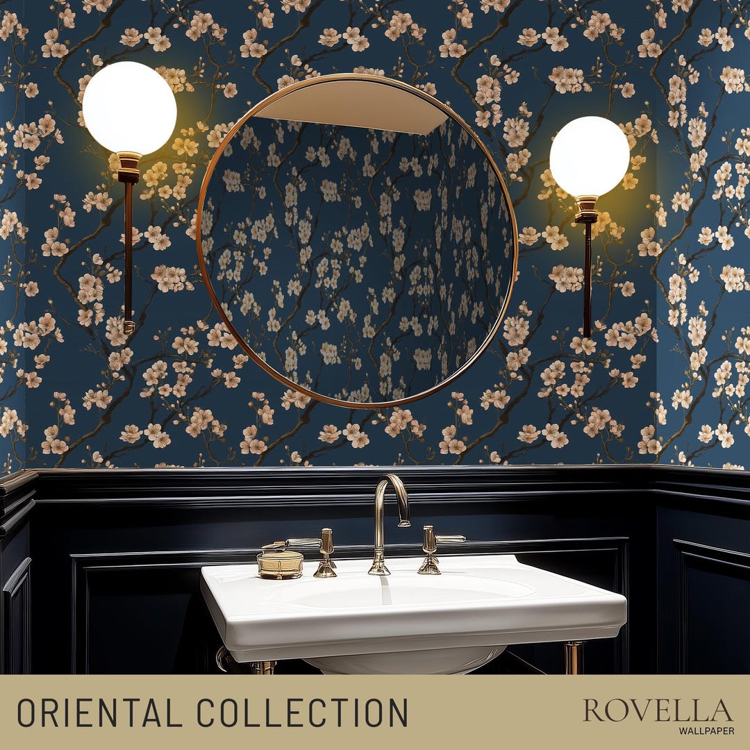 Cherry Blossom Wallpaper: Dark Blue Floral Branch Wallpaper, Elegant ...