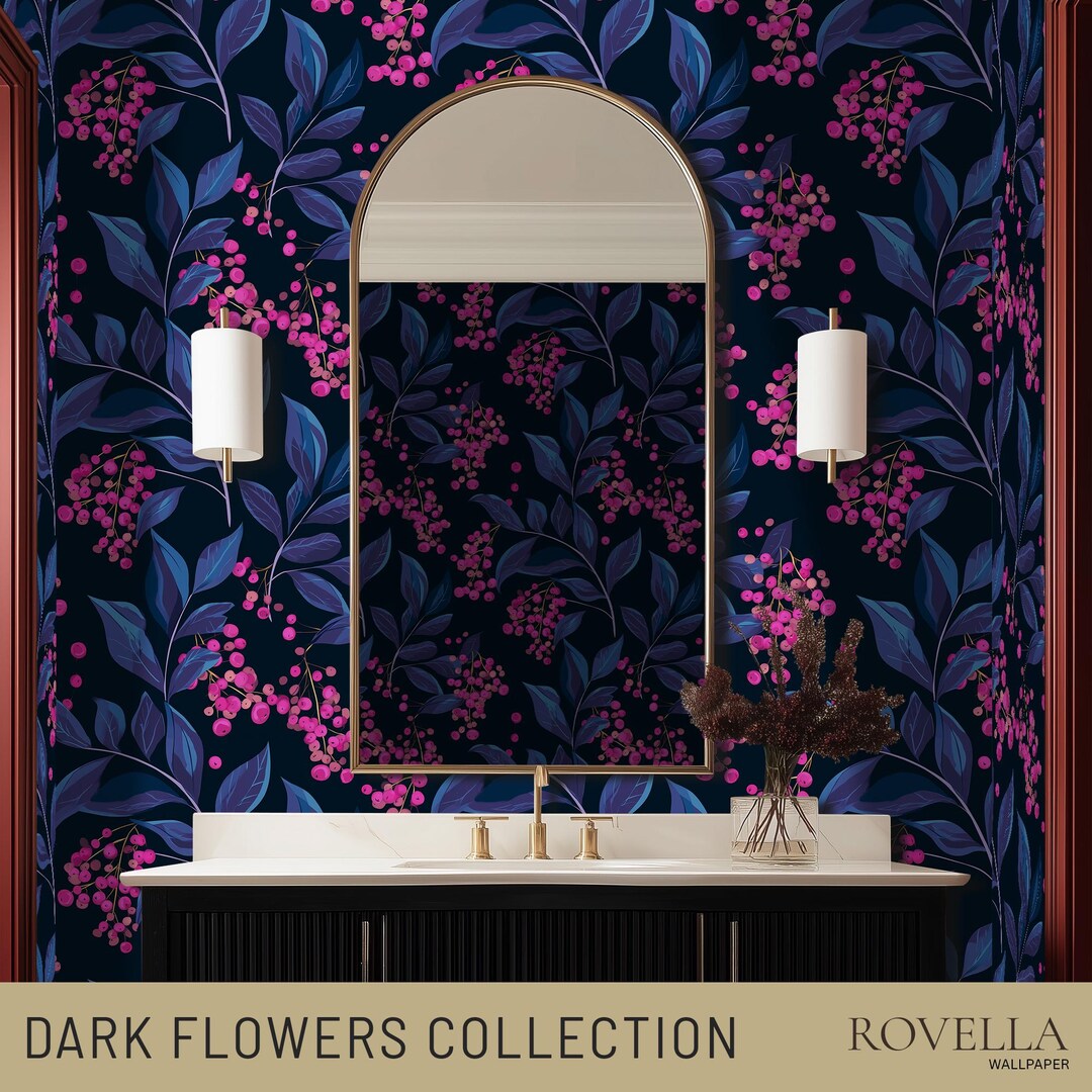 Dark Floral Wallpaper: Navy Botanical Wallpaper With Pink Berries ...