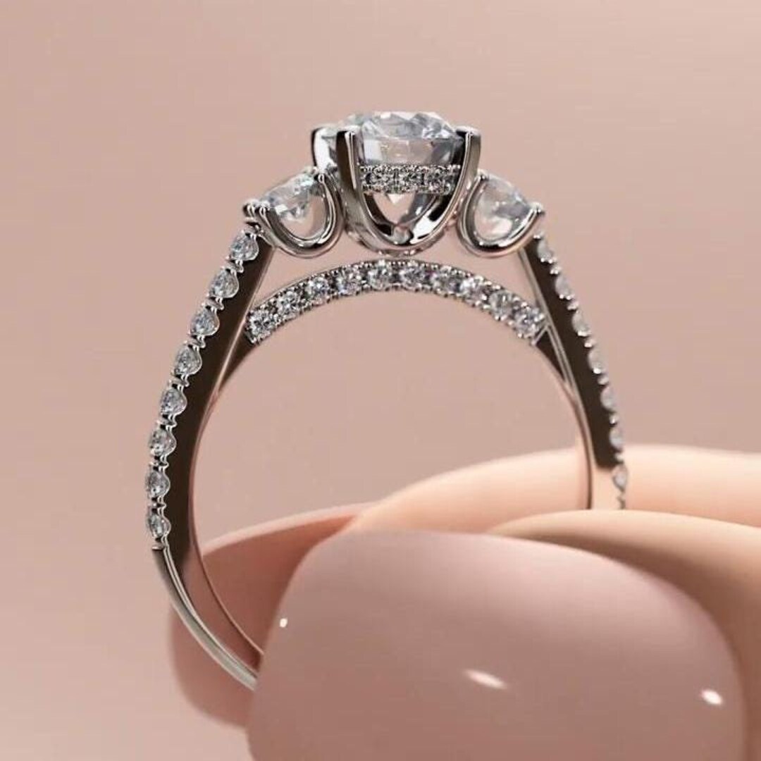 Vintage Cathedral Set Three Stone Engagement Ring, 1ct Round Cut ...
