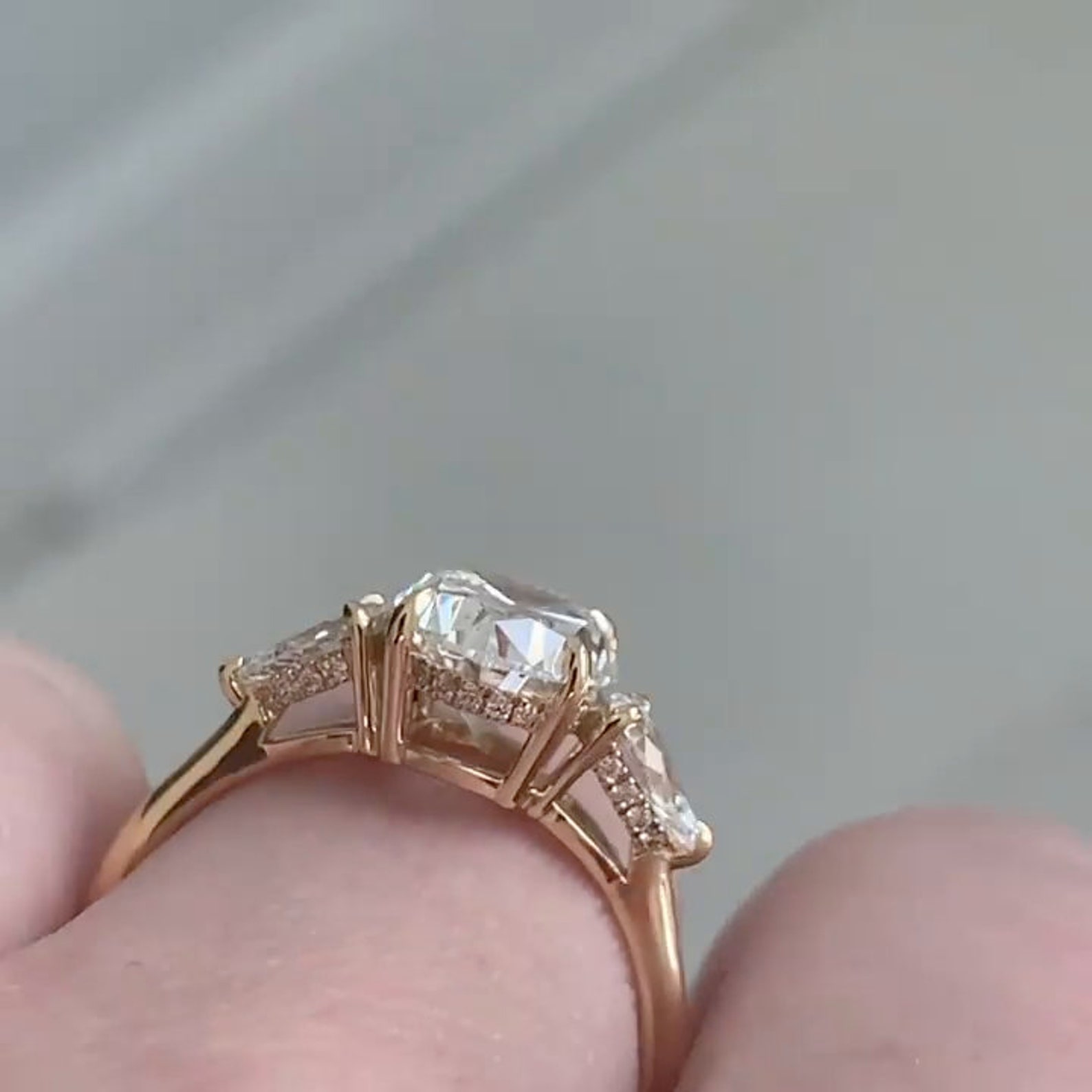 Solid Gold Three Stone Oval Engagement Ring, Side Stone Pear Cut ...