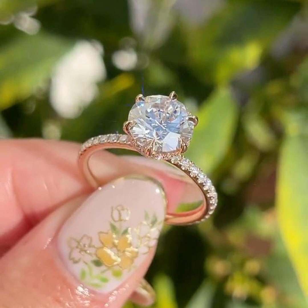10k/14k/18k Yellow Gold Hidden Halo Basket Set Wedding Ring, Classic ...