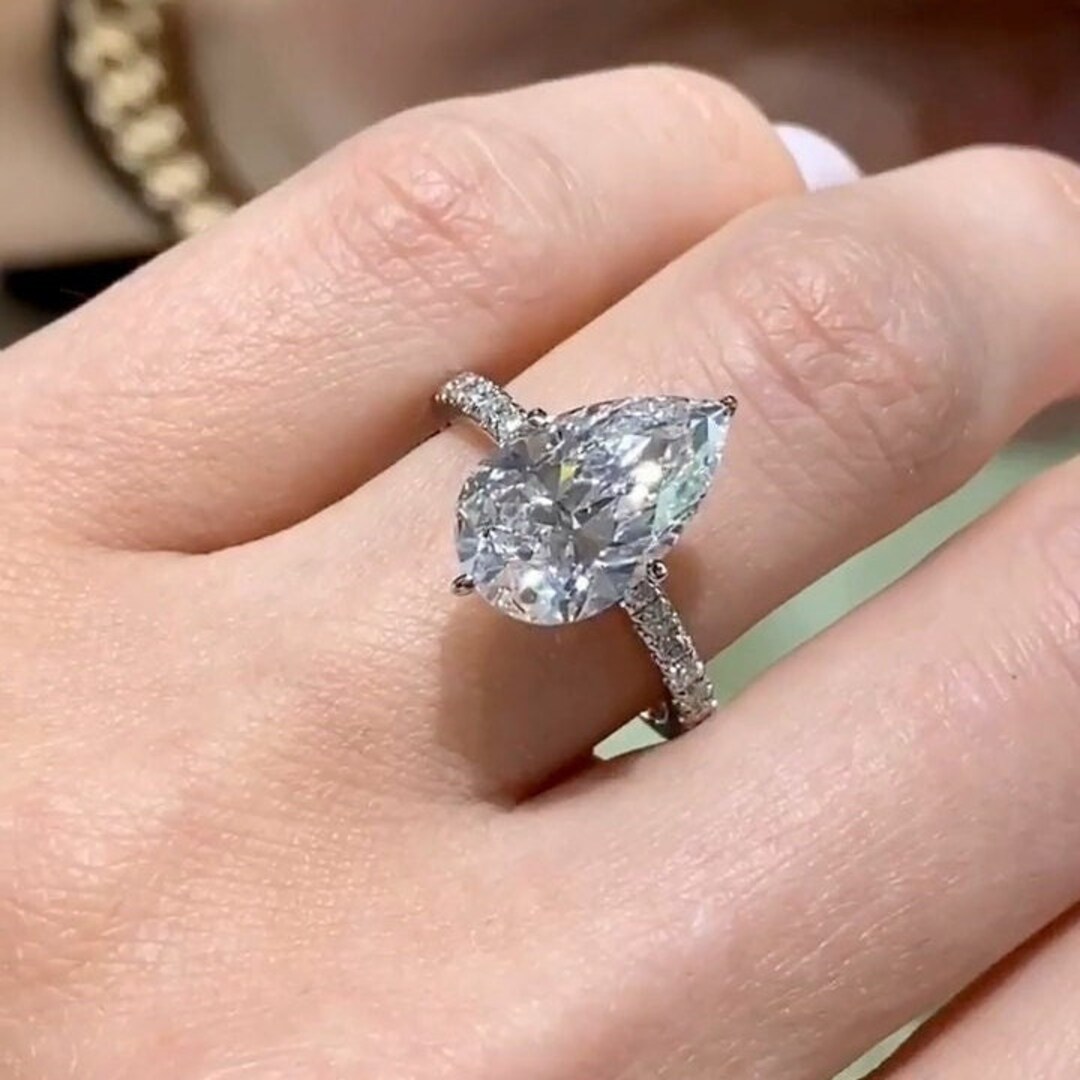 4 Carat Pear Shaped Engagement Ring, Big Moissanite Pear Cut Solitaire ...