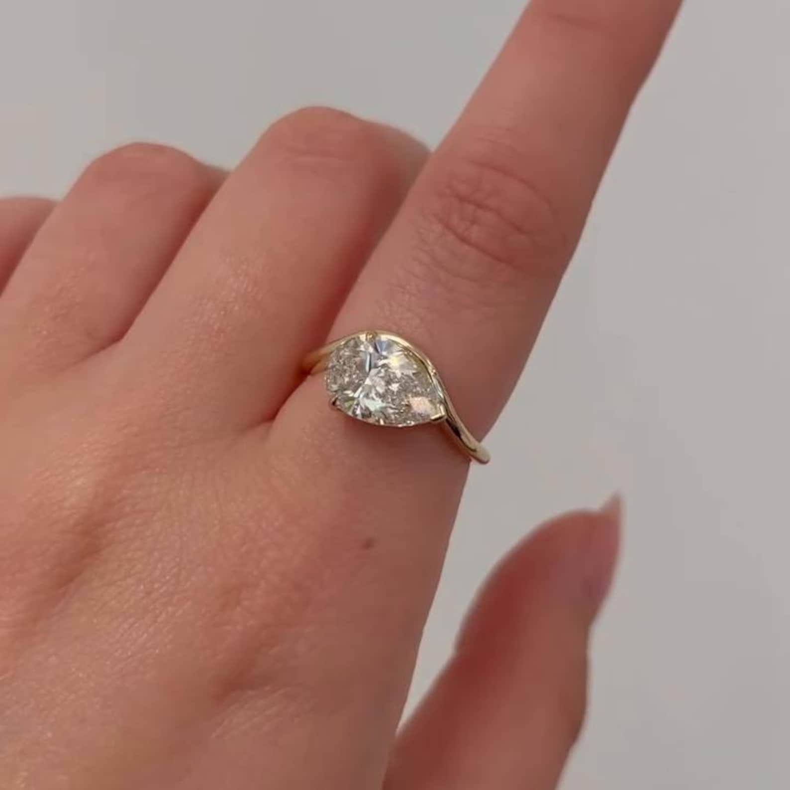Pear Cut Moissanite Curved Proposal Ring for Her, East West Pear ...
