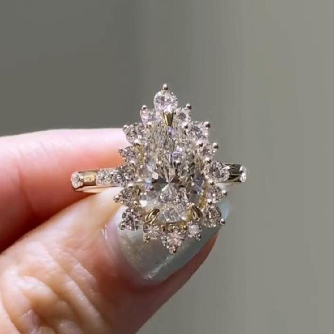 Sunburst Halo Pear Cut Moissanite Ring, Vintage Cluster Diamond Floral ...