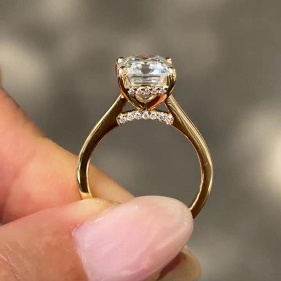 Vintage Cathedral Setting Engagement Ring, Large 5ct Emerald Cut Hidden ...