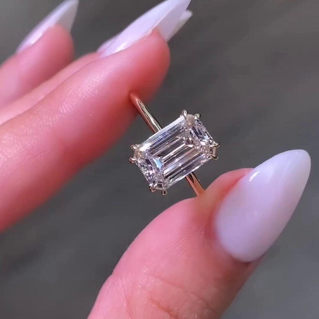 Large 4ct Emerald Cut Moissanite Engagement Ring, Double Claw Prong Wedding Ring, 14k Gold ...