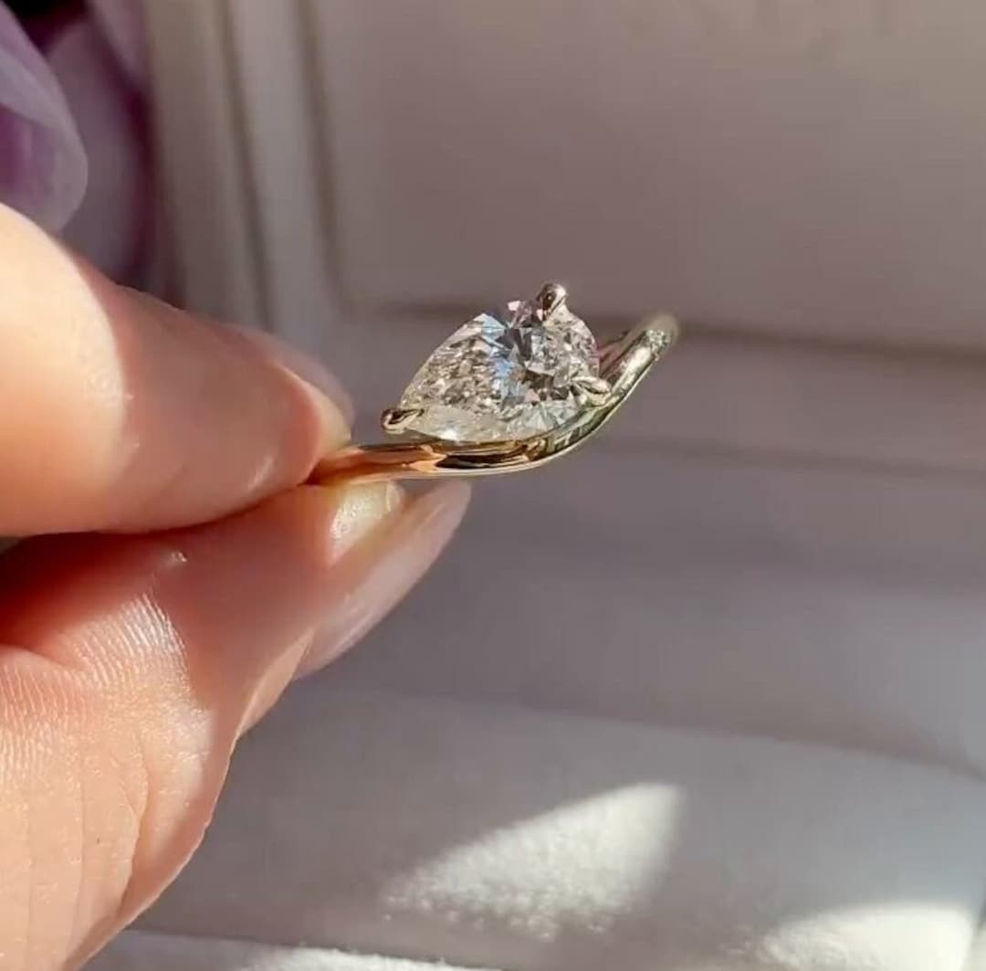 East West Pear Cut Moissanite Solitaire Diamond Engagement Ring Solid 14k Yellow Gold 2ct Pear ...