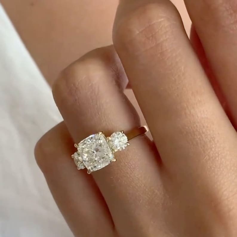 Cushion Cut Three Stone Moissanite Engagement Ring, Cushion Cut ...