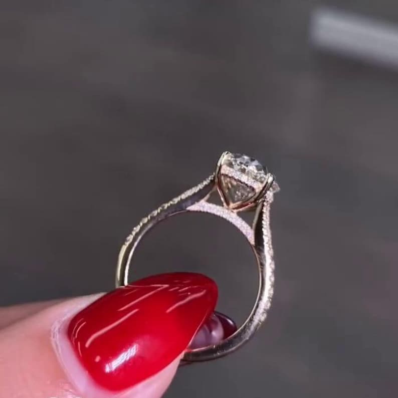 Vintage Cathedral Set Engagement Ring, Unique Hidden Pave Bridge With ...
