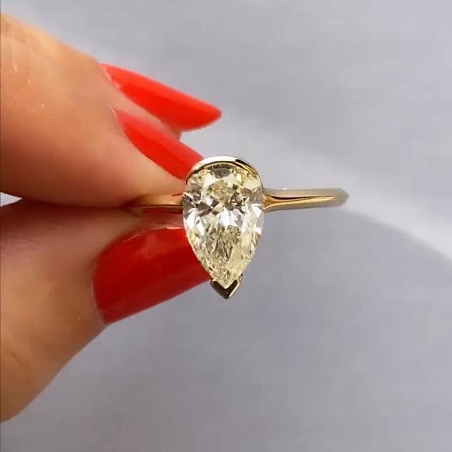 Half Bezel Set 2 CT Pear Cut Engagement Ring, Pear Shaped Solitaire ...