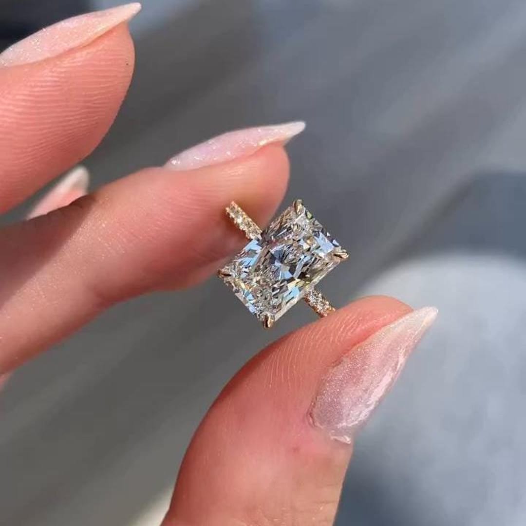 Elongated Radiant Cut Moissanite Engagement Ring in 14k Solid Gold Pave ...