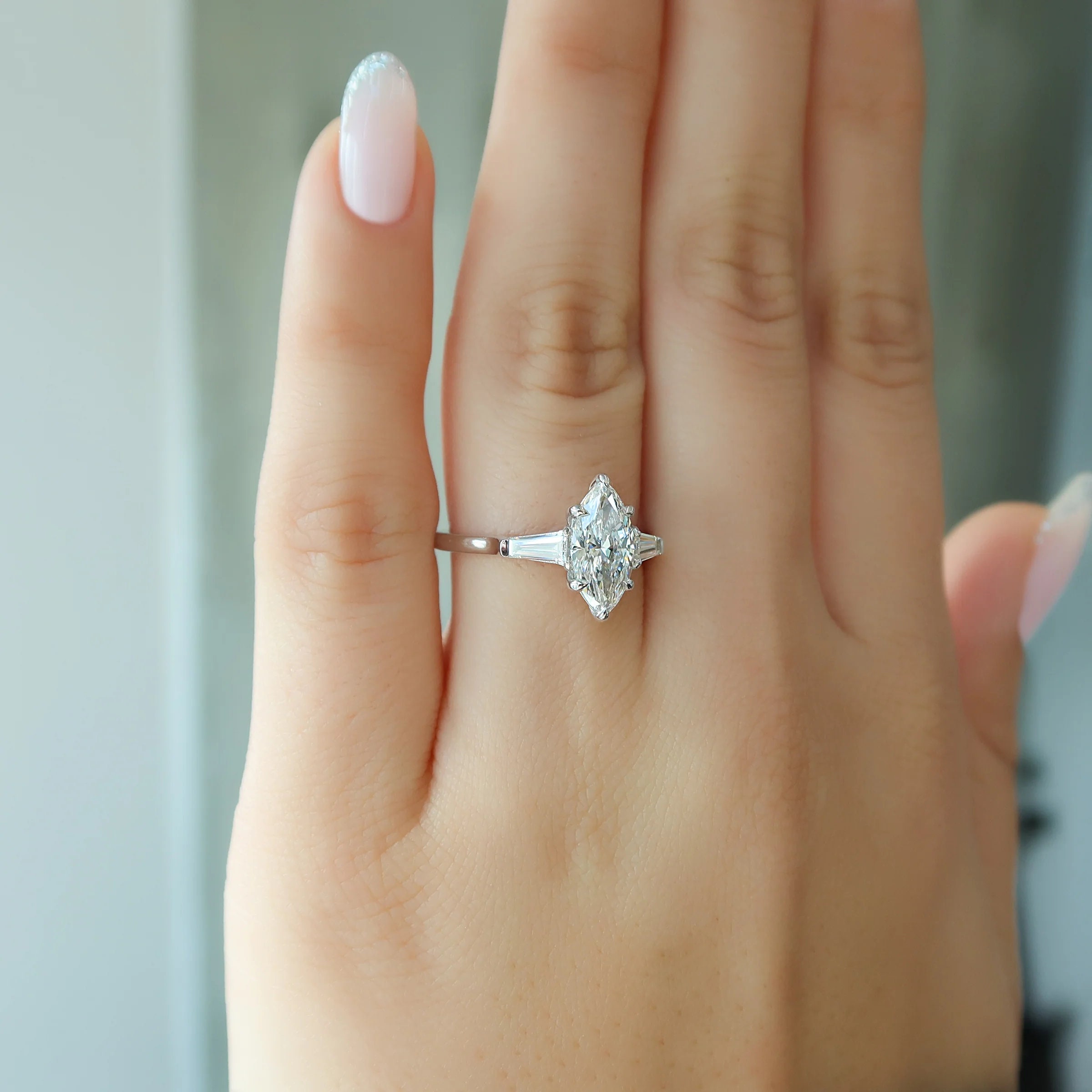 Marquise Three Stone Engagement Ring With Side Stone Tapered Baguette ...