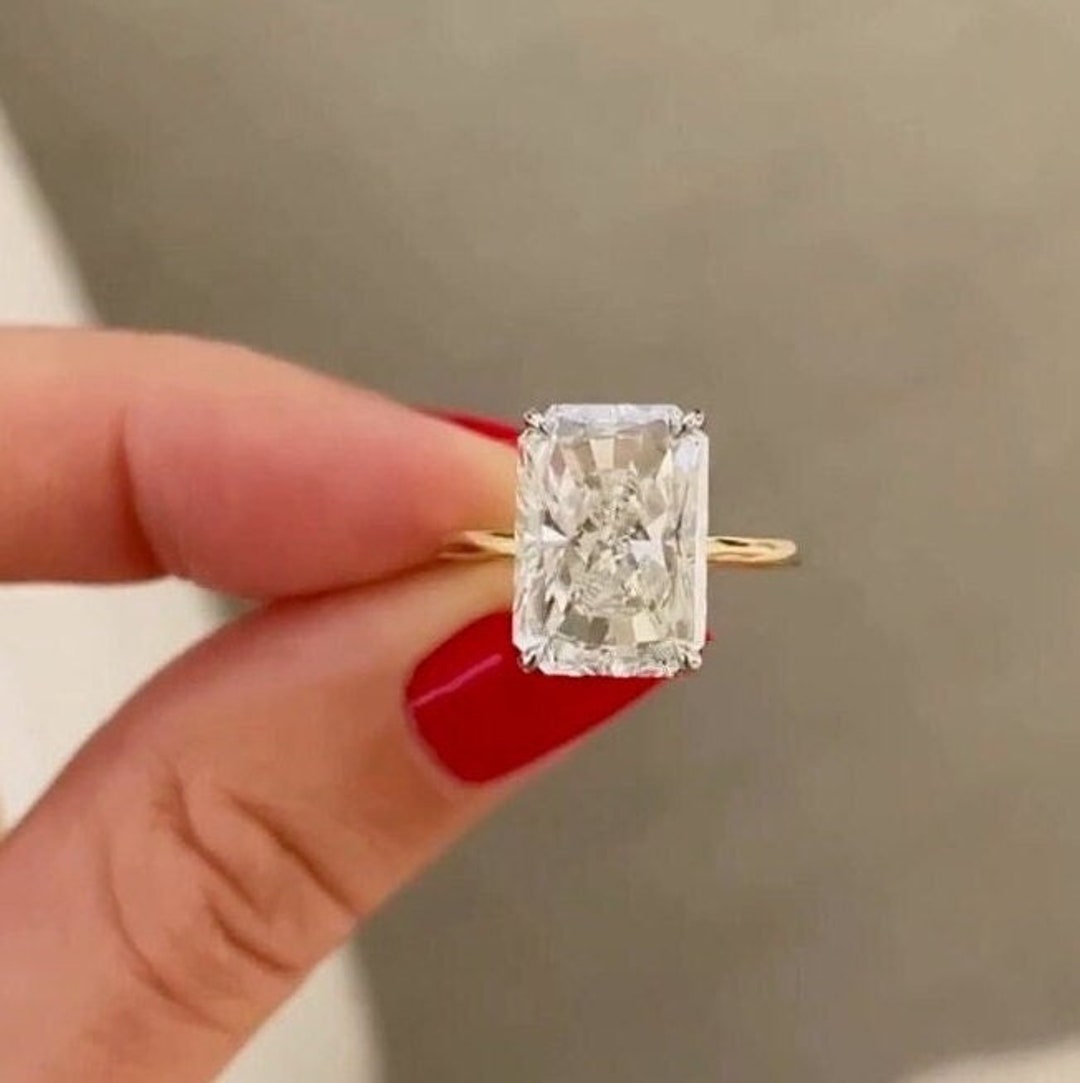 Elongated Radiant Cut Moissanite Engagement Ring, Hidden Halo Solitaire ...