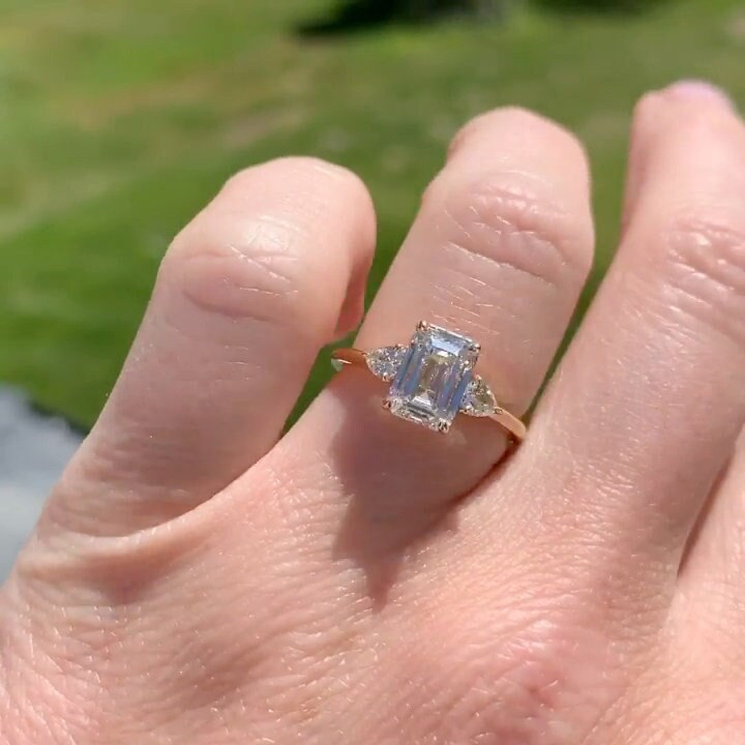 2ct Emerald Cut Three Stone Moissanite Engagement Ring 10k 14k 18k