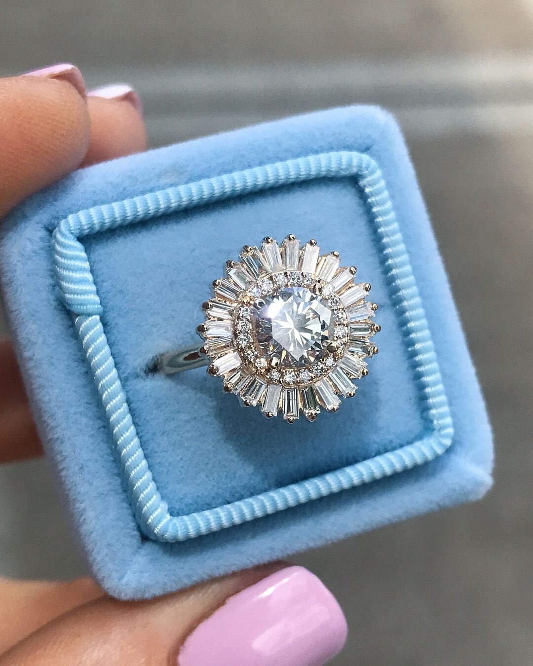 Sunburst Engagement Ring Gold Round Halo Moissanite Ring Starburst ...