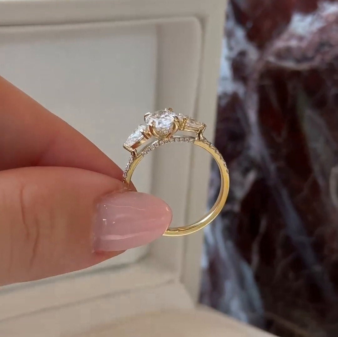 Vintage Hidden Halo Cathedral Setting Engagement Ring Oval Cut Three Stone Moissanite Engagement Ring 14K Yellow Gold Side Pear Stone Ring