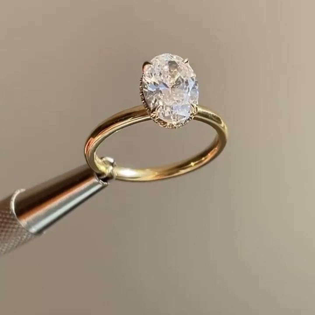 10k/14k/18k Yellow Gold Hidden Halo Anniversary Ring, 2.15 CT Oval Cut Moissanite Engagement ...