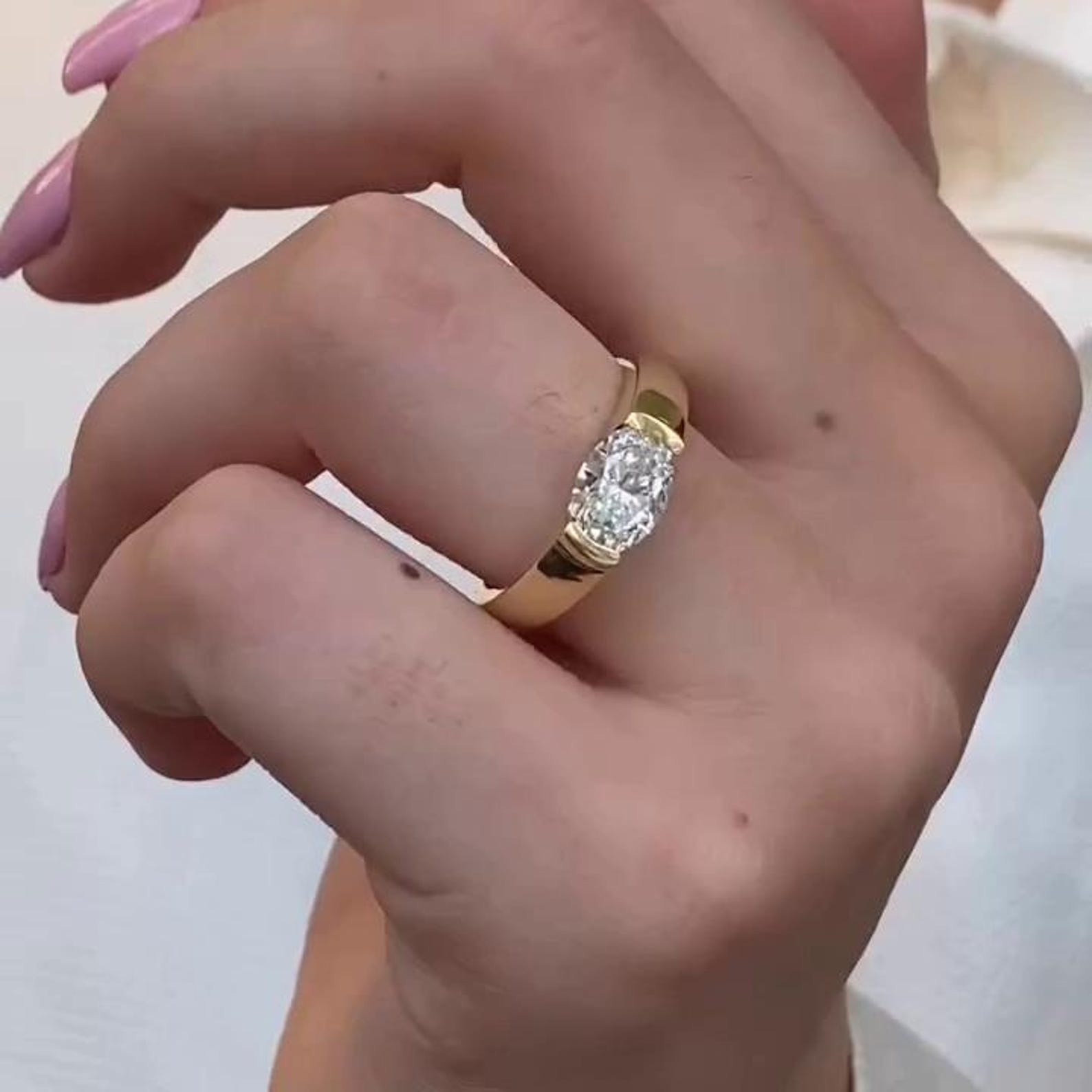East West Oval Cut Half Bezel Set Ring, 1.50ct Oval Cut Solitaire ...