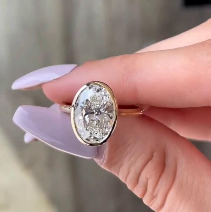 Large Oval Cut Bezel Set Engagement Ring, Vintage Cathedral Set ...