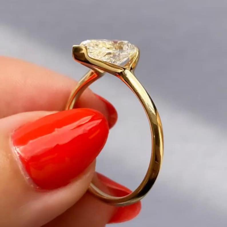 Half Bezel Set 2 CT Pear Cut Engagement Ring, Pear Shaped Solitaire ...