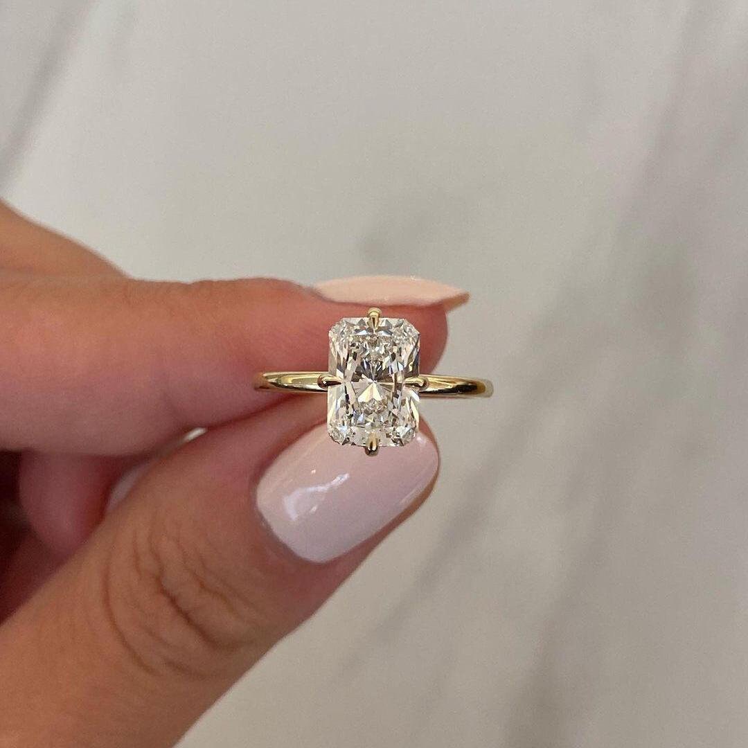 Radiant Cut Moissanite Engagement Ring, Hidden Halo Ring, 14k Yellow ...