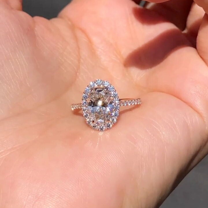 Unique Oval Cut Moissanite Engagement Ring, Oval Halo Engagement Ring ...