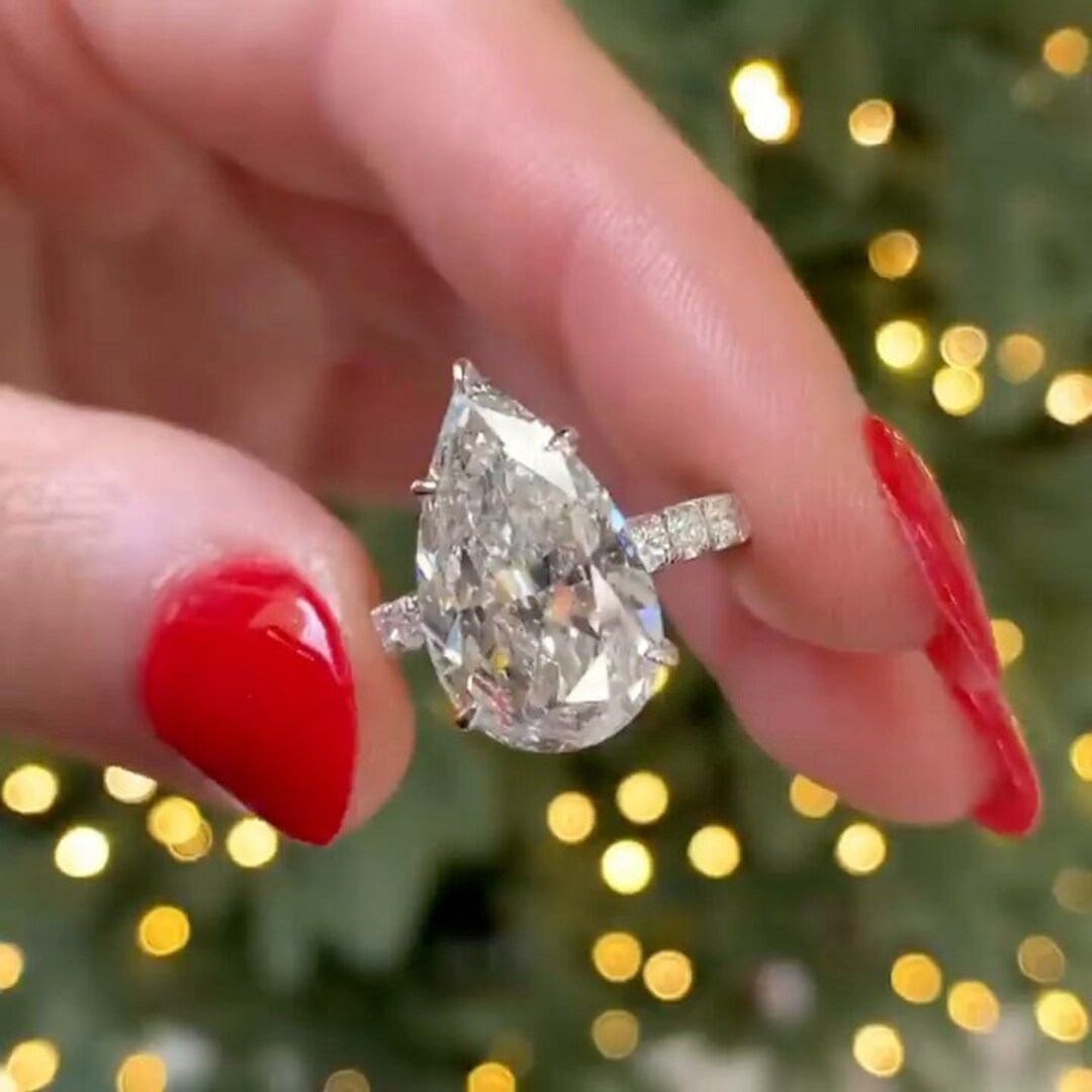 Big Pear Shaped Moissanite Engagement Ring, 6ct Pear Cut Hidden Halo ...