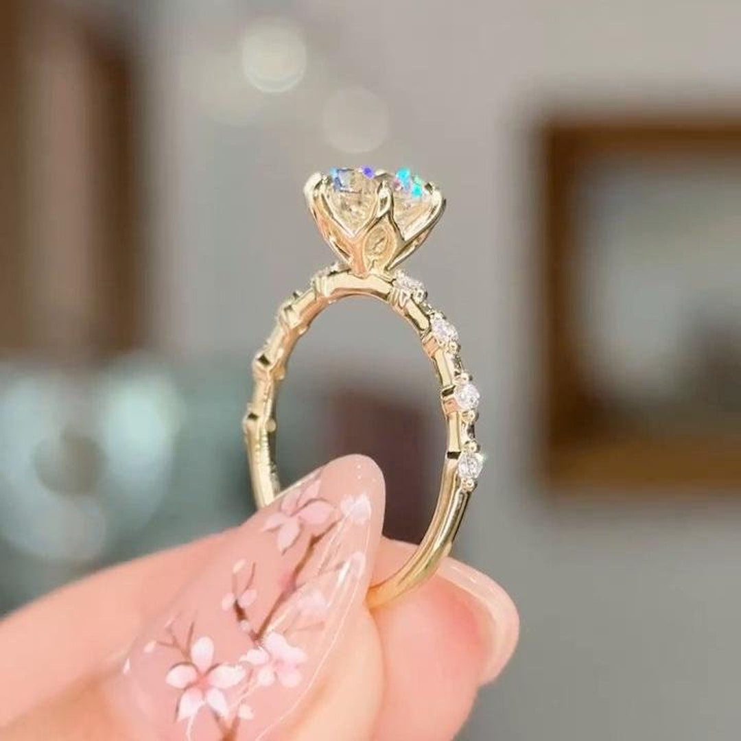 Vintage Tulip Setting Engagement Ring, Classic 6 Prong Dainty Round ...