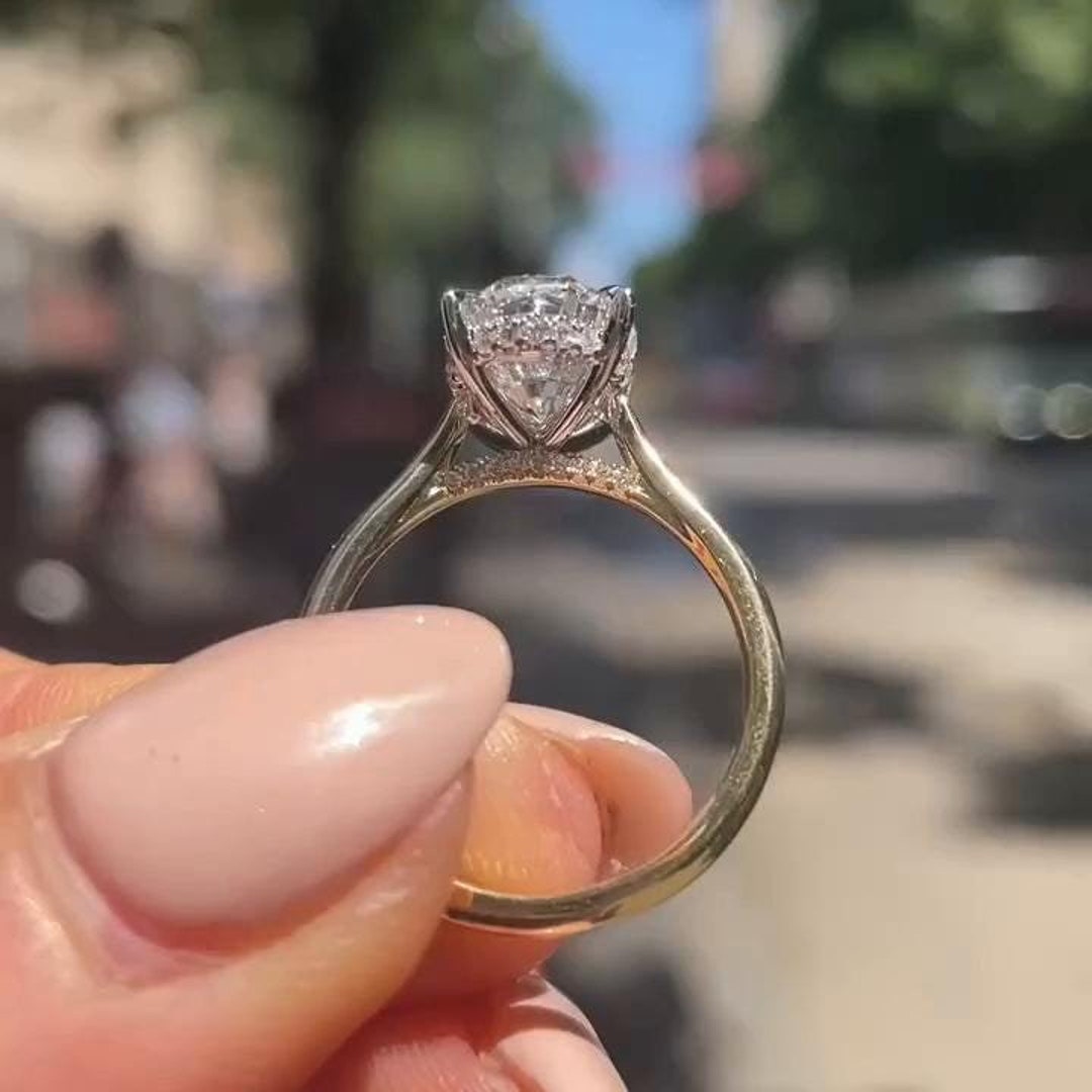 Antique Hidden Halo Moissanite Cathedral Setting Ring, 3 Carat Oval Cut ...