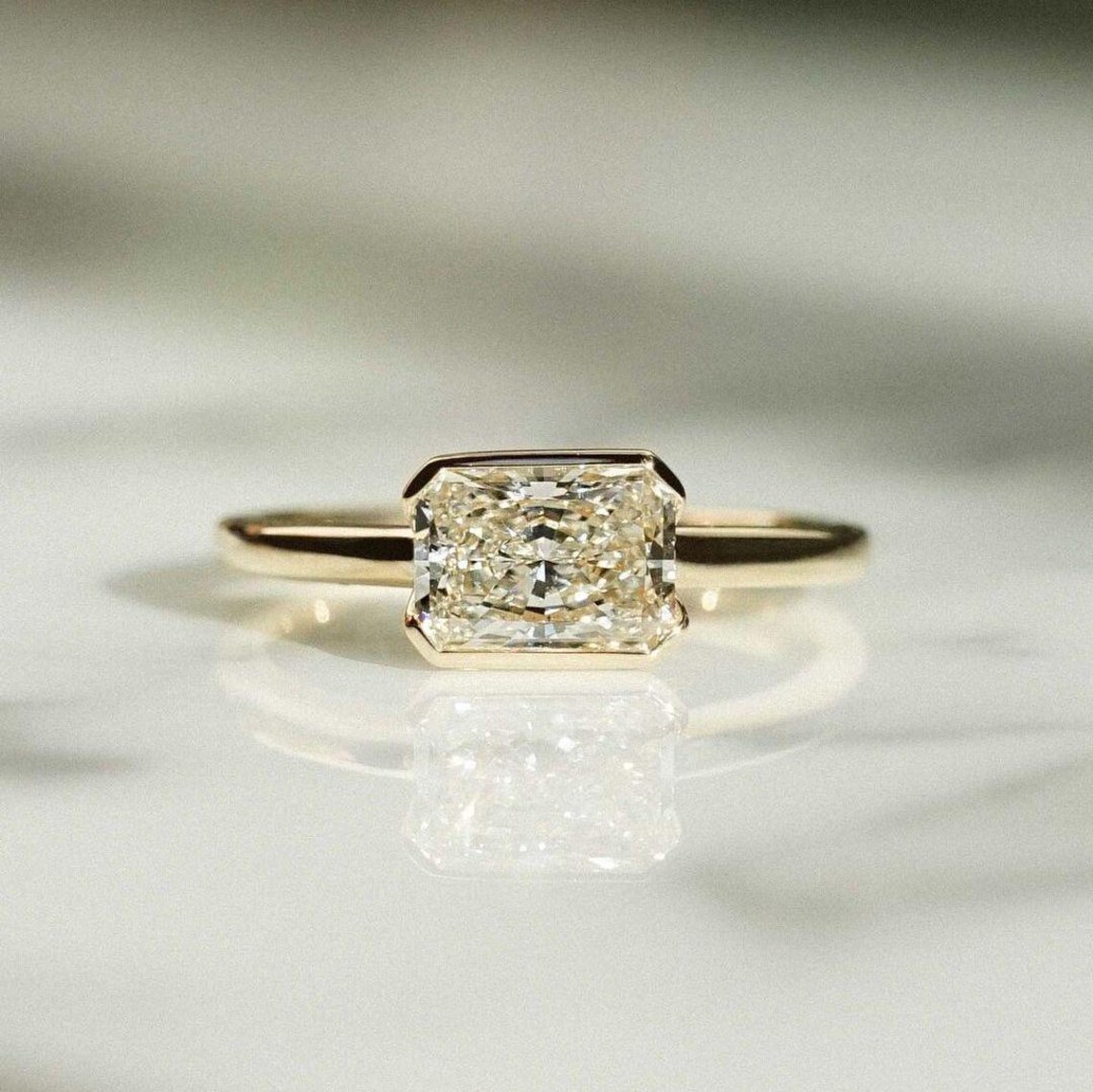 Bezel Set Radiant Cut Moissanite Engagement Ring, East West Radiant Cut ...
