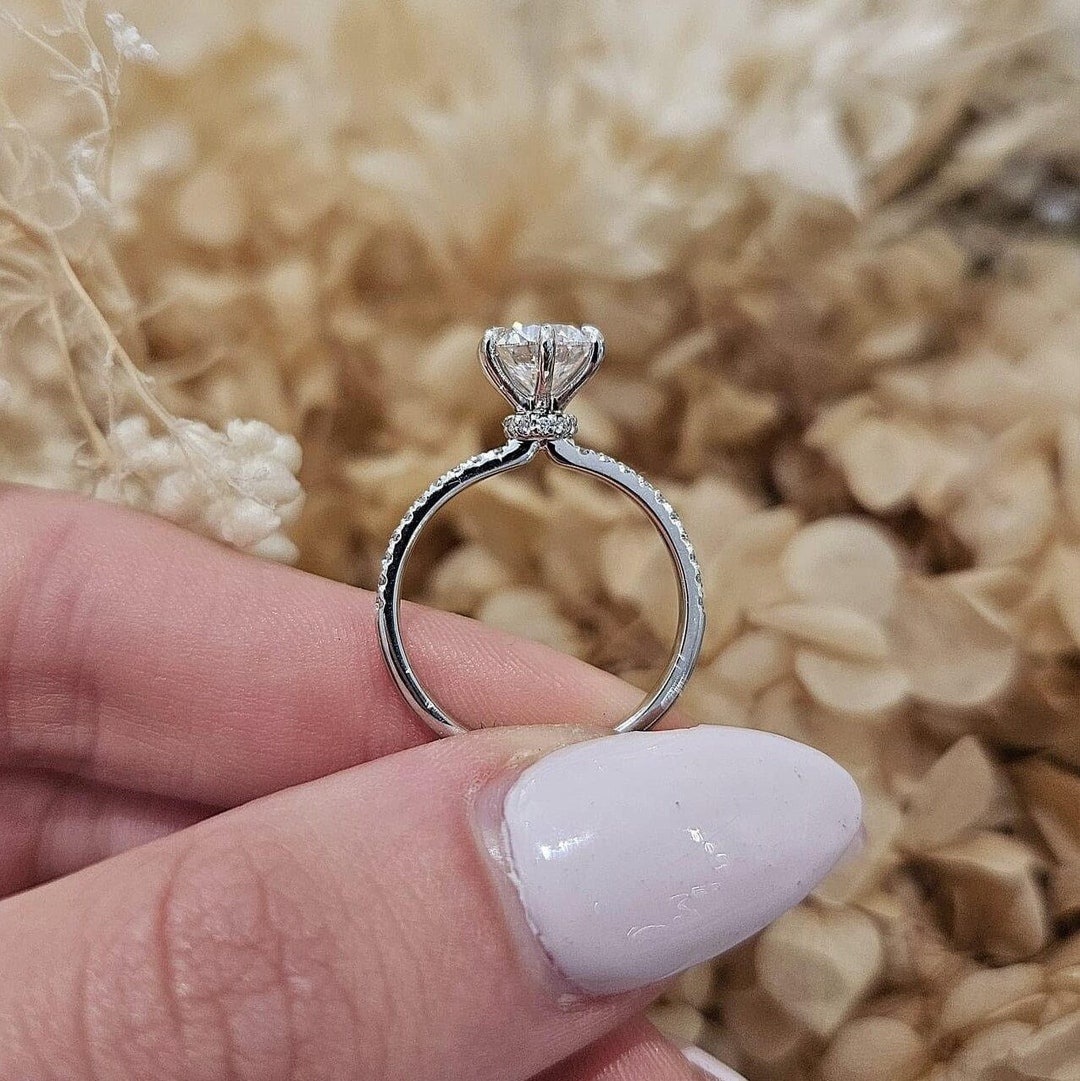 Round Cut Hidden Halo Ring, 1.5 Ct Round Moissanite Engagement Ring ...