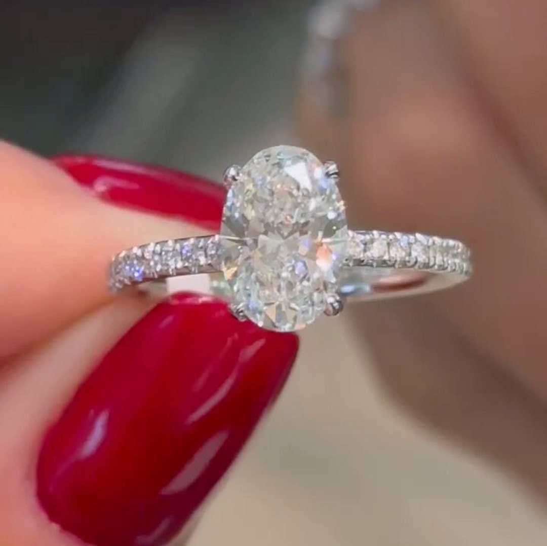 2 Carat Oval Moissanite Engagement Rings With Hidden Halo, Oval Half ...