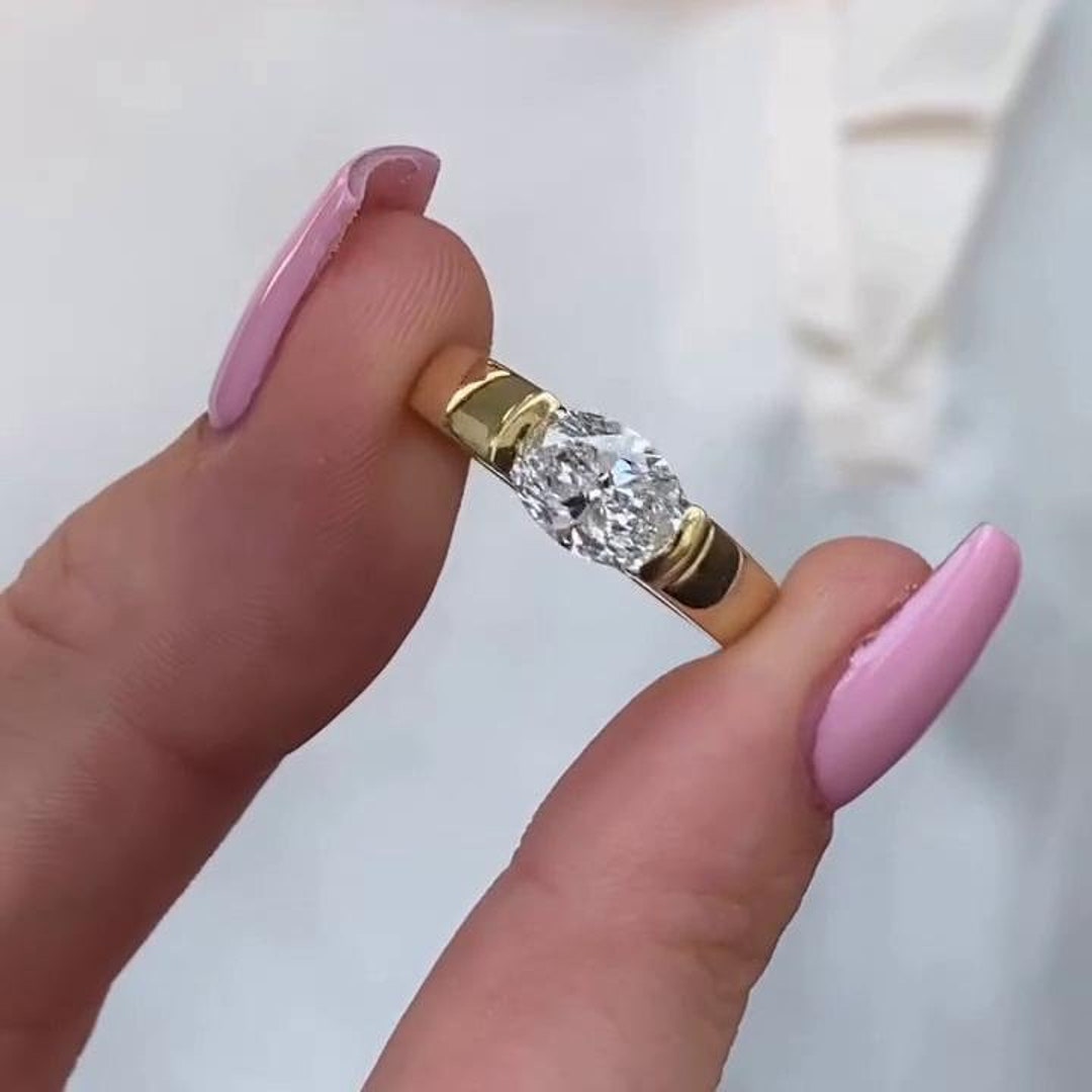 East West Oval Cut Half Bezel Set Ring, 1.50ct Oval Cut Solitaire Moissanite Engagement Ring ...