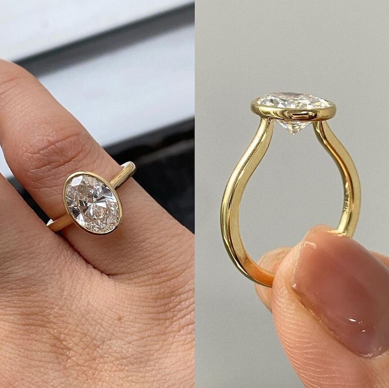 Bezel Set Oval Cut Moissanite Engagement Ring,14k Solid Gold Oval Bezel Solitaire Wedding ...