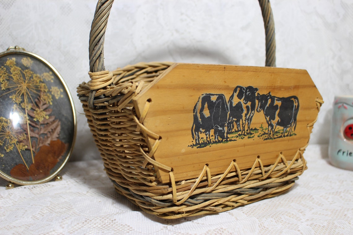 Wicker and Wood Basket Farm Cows Motiff House Farm Theme - Etsy