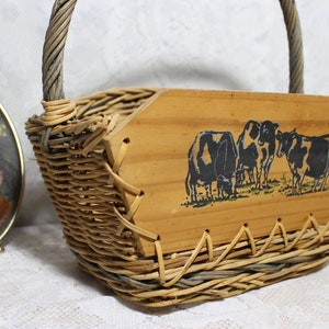 Wicker and Wood Basket Farm Cows Motiff, House Farm Theme Storage ...