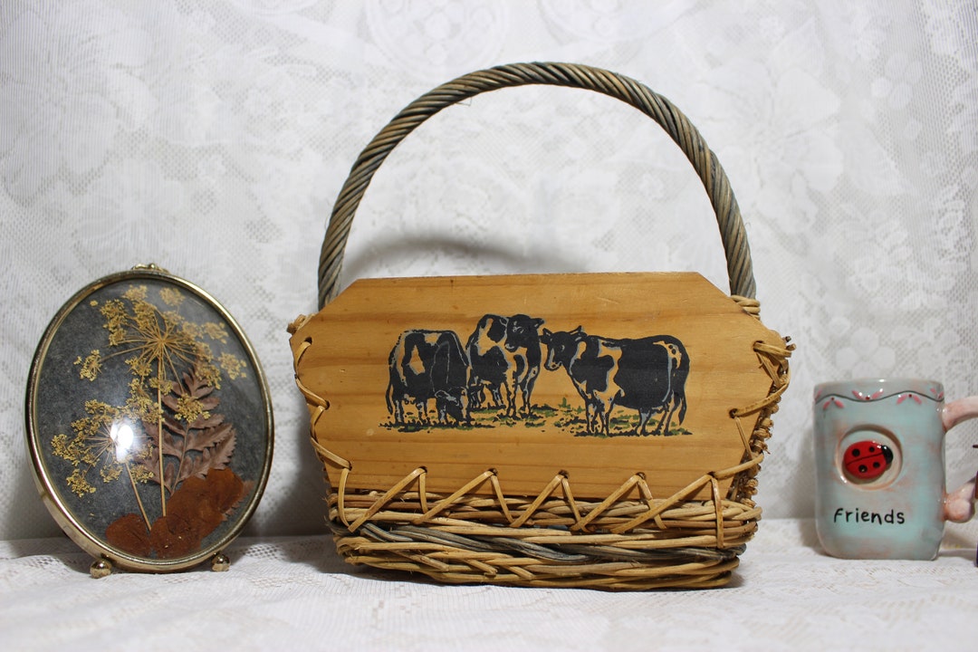 Wicker and Wood Basket Farm Cows Motiff, House Farm Theme Storage ...