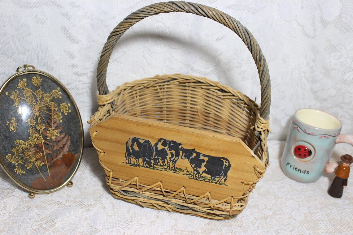 Wicker and Wood Basket Farm Cows Motiff House Farm Theme - Etsy
