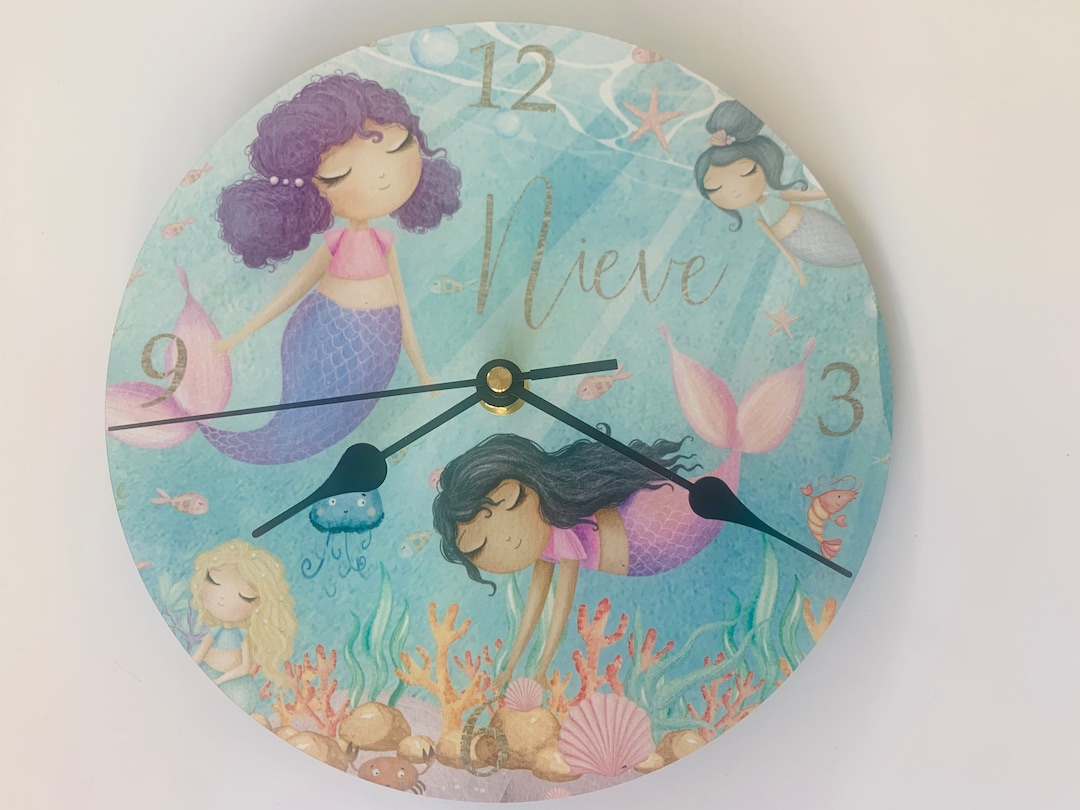 Mermaid Personalised Wooden Clock, Kids Clock, Baby Clock, Nursery ...