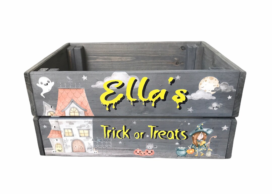 Personalised Wooden Halloween Box Crate, Trick or Treat Box, Halloween ...