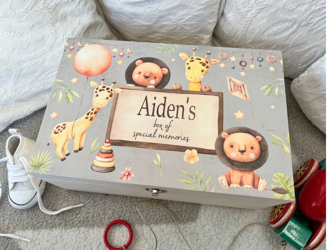 Personalised Wooden Keepsake Box, Memory, Safari, Animals, Baby, Gift ...