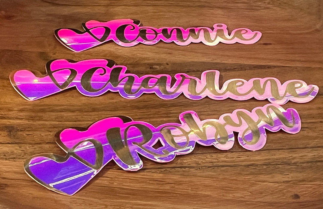 Custom Pink Holographic Name Sticker: Gold Lettering, Waterproof Vinyl ...