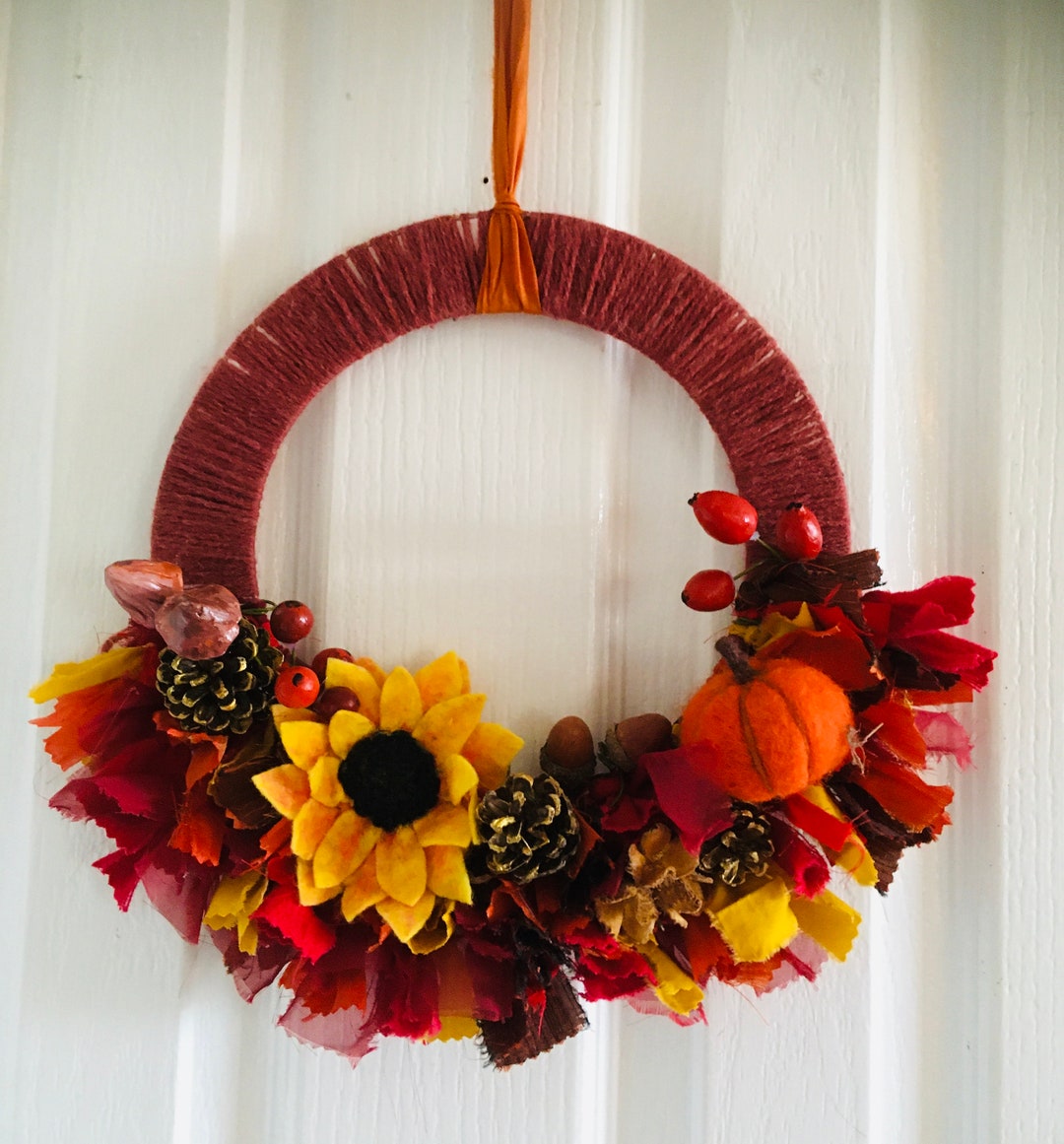 Handmade Autumn Rag Wreath. Made From 95% Recycled Materials. Reusable ...