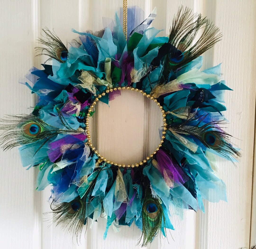 Exquisite Turquoise and Purple Peacock Rag Wreath With Opulent Gold ...