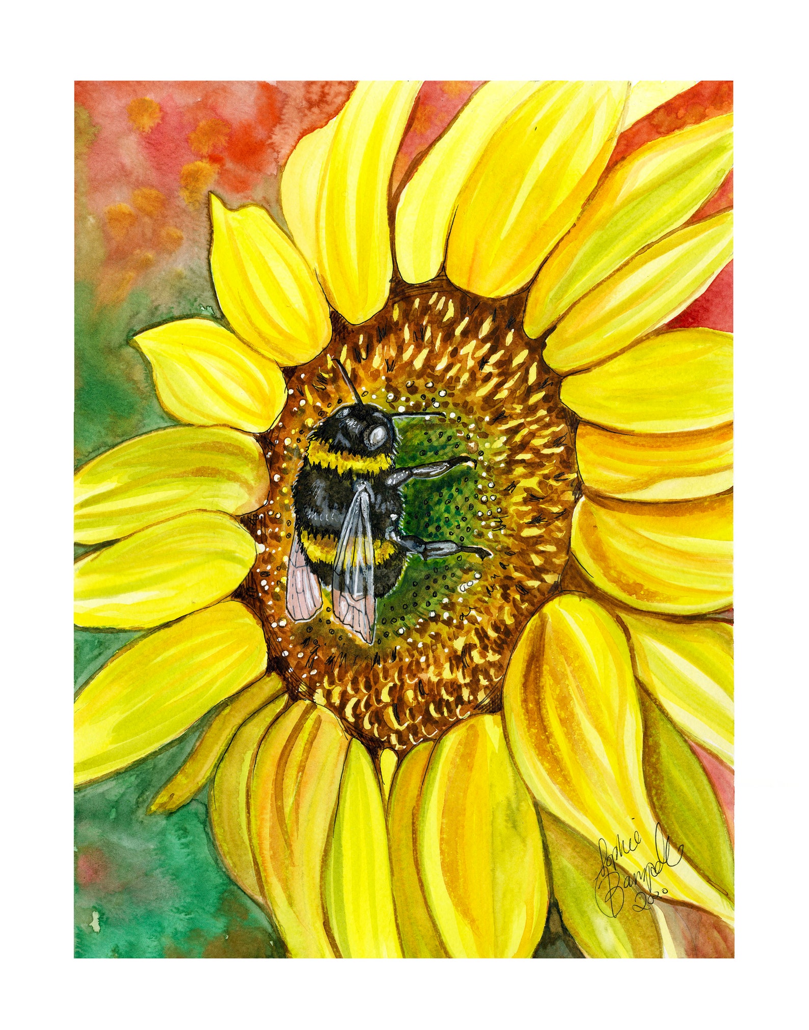 Vibrant Sunflower & Bee Watercolor Illustration Flower | Etsy